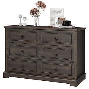HOSTACK 6 Drawer Double Dresser, Modern Farmhouse Chest of Drawers, Wide Dressers Organizer, Accent Wood Storage Cabinet for Living Room, Hallway, Dark Brown