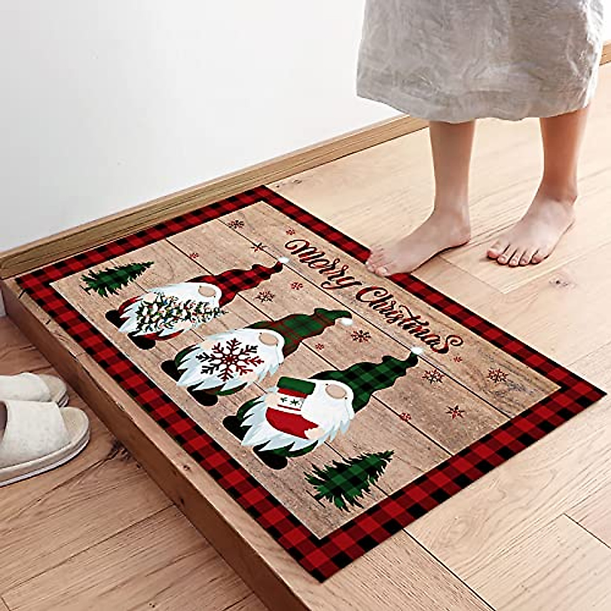2 Piece Gnome Kitchen Rug Set Merry Christmas Indoor Floor Mats for Winter, Xmas Door Mat Runner Rug Carpet Mat for Kitchen Home Decor (15.7" x 23.6"+15.7" x 47.2") - Snowflake Tree Retro Wooden Board