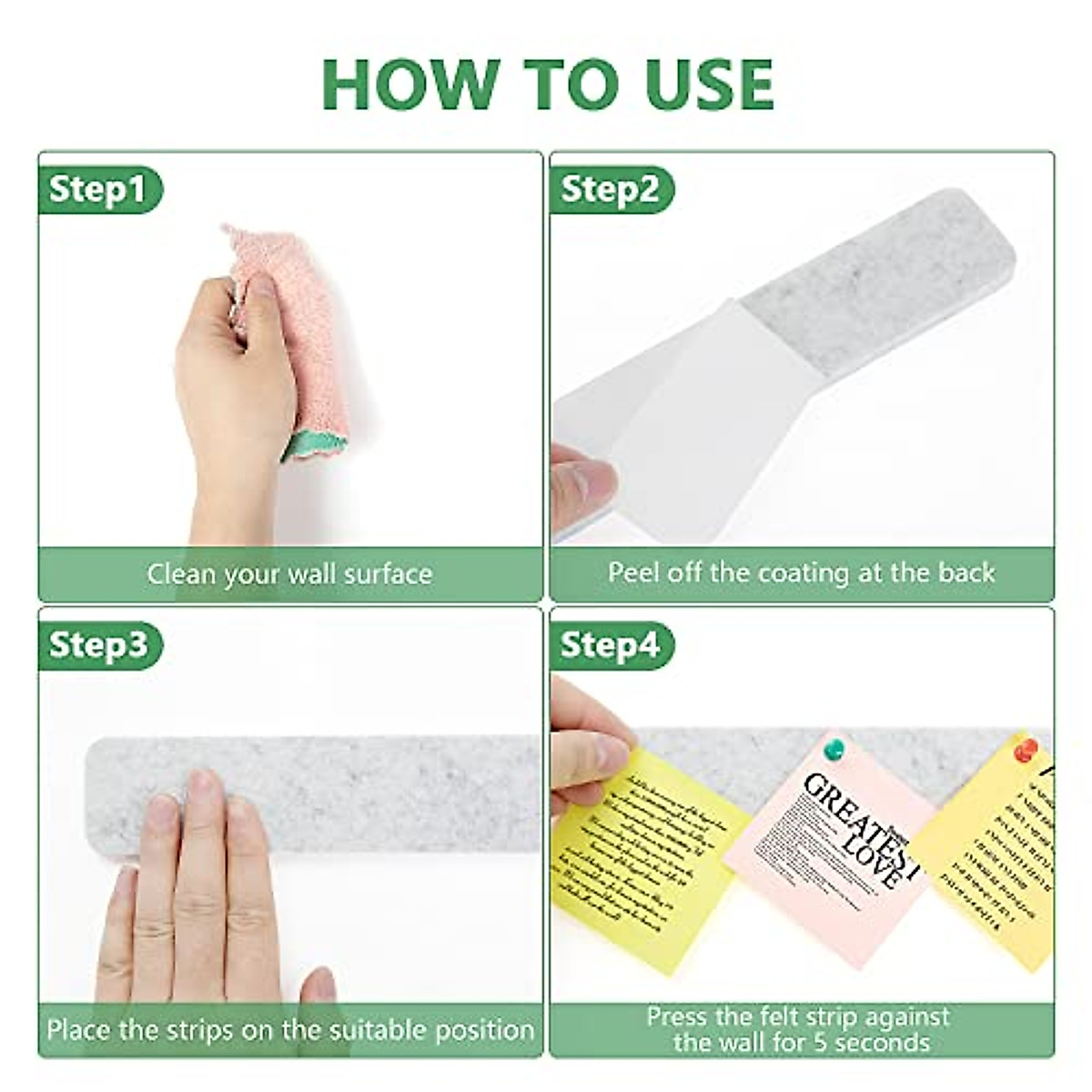 8 Packs Strips Felt Bulletin Board Bar with 50 Push Pins for Office Home,Self-Adhesive Felt Cork Board Bar Strips for Paste Notes, Photos, Schedules(Black,White,Gray)