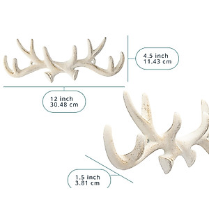 Comfify Vintage Cast Iron Deer Antlers Wall Mounted Hooks | Antique Finish Metal Clothes Hanger Rack w/Hooks | includes Screws and Anchors | in Antique White