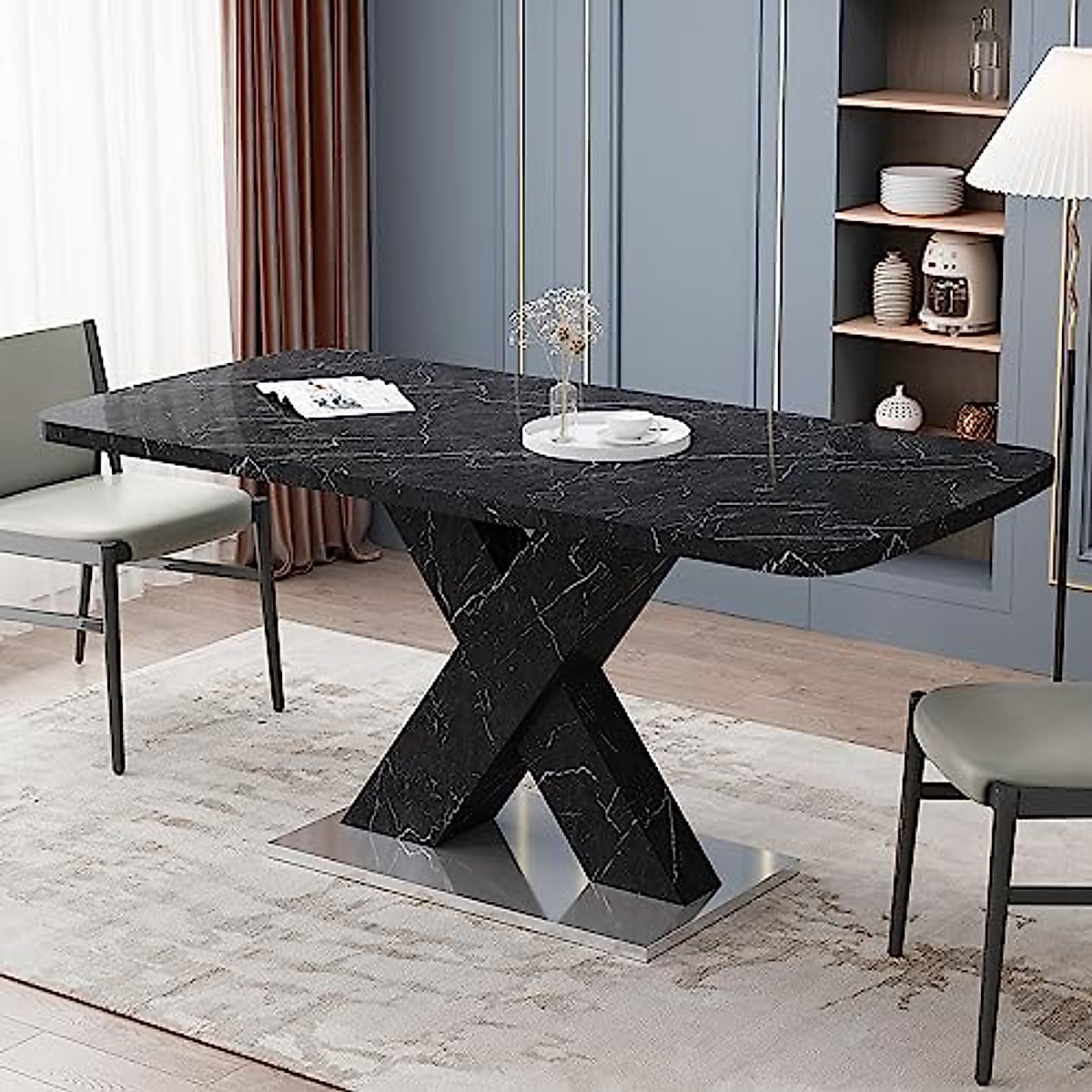 CEMKAR Modern Square Dining Table, 47.24”-62.99" L Stretchable, Printed Black Marble Table Top+MDF X-Shape Table Leg with Metal Base (Black)
