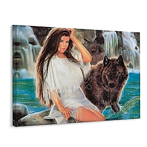 Native American Girl And Wolf Art Poster by Famous Artist Maija Junno (4) Canvas Poster Bedroom Decor Office Room Decor Gift Frame-style 20x16inch(50x40cm)