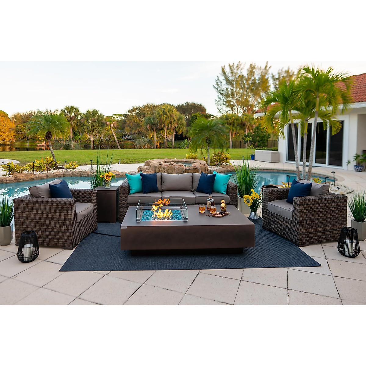 65" Rectangular Concrete Gas Fire Pit Table with Glass Guard and Fire Glass (Espresso Brown)