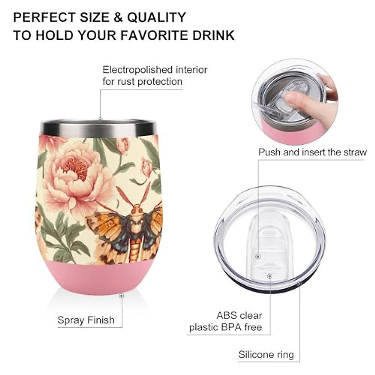 Death's Head Hawk Moth Insulated Tumbler with Lid Stainless Steel Coffee Mug Cute Wine Tea Water Cup Pink-style