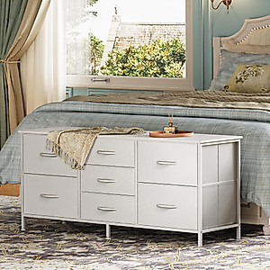 Huuger Dresser with 7 Drawers, 47 Inch Dresser TV Stand for 43, 50, 55 Inch TV, Fabric Dresser Chest of Drawers, PU Leather, Metal Frame, Storage Dresser for Bedroom, Nursery, Clothing, White Dresser