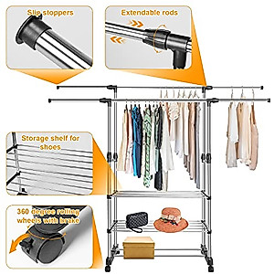 Moclever Garment Rack With Shelves, Clothing Rack With Wheels Extendable Double Rod Clothing Rack For Hanging Clothes, Rolling Clothes Organizer On Lockable Wheels Mobile Hold Up To 77lbs