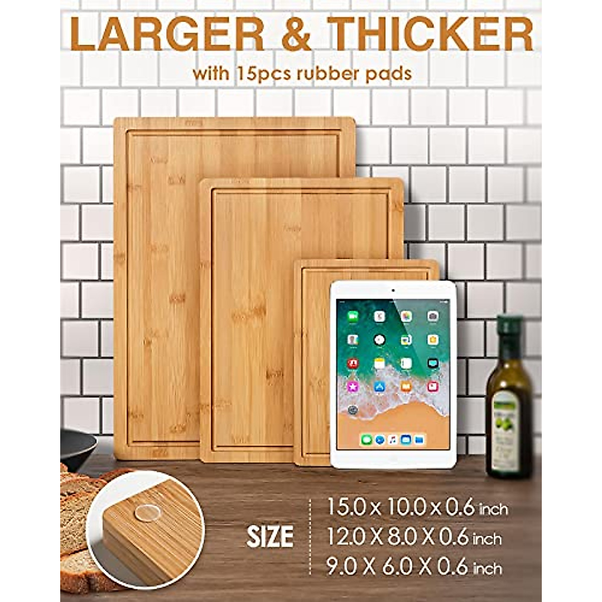 Bamboo Cutting Board, 3-Piece Kitchen Chopping Board with Juice Groove and Handles Heavy Duty Serving Tray Wood Butcher Block and Wooden Carving Board,Large,Kikcoin