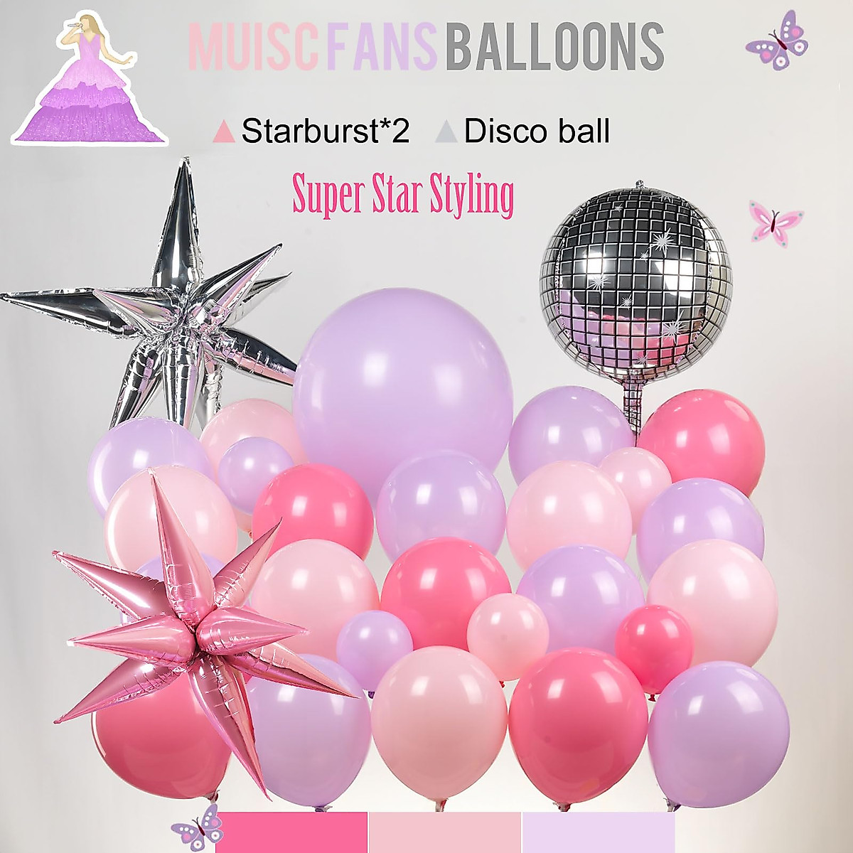 Pink and purple balloon arch Kit with Mylar star Disco Ball Balloon Garland for music fans theme teenage girl Birthday Party Prom Decorations (Pink purple silver)