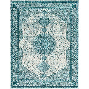 Unique Loom Bromley Collection Vintage, Medallion, Country, Traditional, Border Area Rug, 8 ft x 10 ft, Turquoise/Ivory