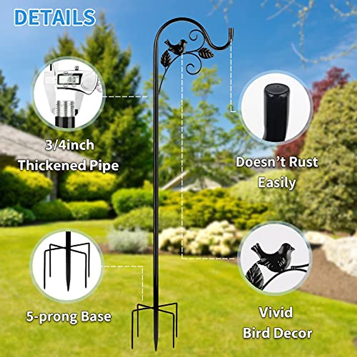Art Elf Shepherds Hooks for Outdoor Bird Feeder Pole Hanger 67 Inches Plant Hooks with 5 Prongs Base Stainless Metal Adjustable Garden Hanging Holder for Lanterns Weddings Decor Bird Black