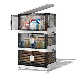 VANDHOME Collapsible Storage Bins Storage Cabinet with Lids,Doors and Wheels,Plastic Storage,Organizer for Storing Clothes, Snacks and Books(3 Layer)