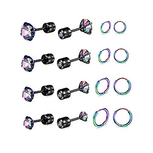 Titanium Screw Back Stainless Steel Stud and Hoop Earrings for Women Men (Black Set-Rainbow CZ)