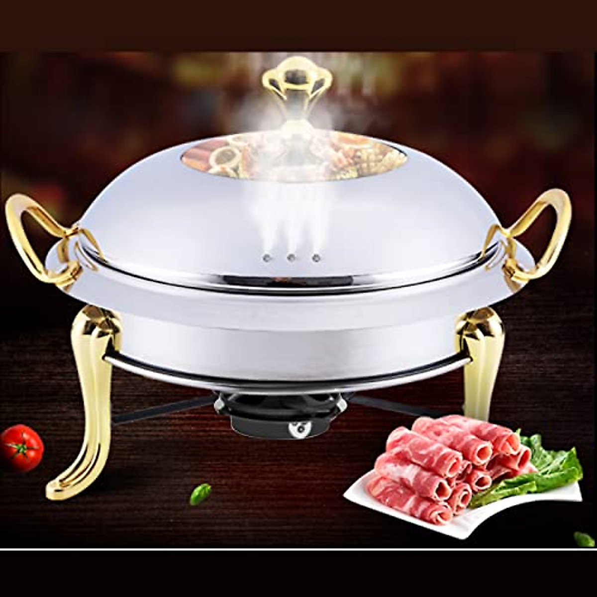 Chafing Dish Set of 2 Pcs Stainless Steel Round Durable Buffet Warmer Tray Durable Frame with Lid and Chafing Fuel Holder for Kitchen Party Dining Buffet-Without Water Pan (2 pack with handle)