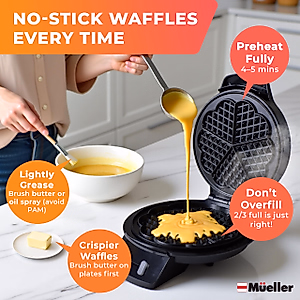 Mueller Heart Waffle Maker, 5 Belgian Waffle Iron, Adjustable Browning Control, Cool Touch Handle, Compact and Easy to Clean, Great Valentines Day Gift