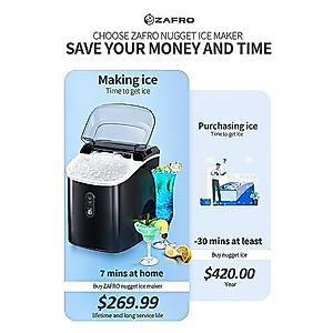 ZAFRO Nugget Ice Maker Countertop, Pebble Ice Maker Machine with Self-Cleaning, 35Lbs/24Hrs, Pellet Ice Maker with Ice Basket/Ice Scoop/Ice Bag for Home/Office/Bar/Party, Black