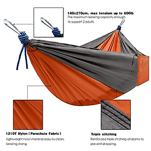 Camping Hammock, Double & Single Portable Hammocks with 2 Tree Straps and Carabiners | Easy Assembly | Lightweight Parachute Nylon Hammocks for Backpacking, Travel, Beach, Hiking (Gray/Orange)