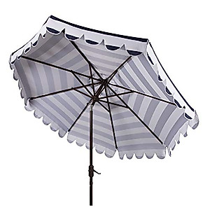 Safavieh PAT8011C Outdoor Collection Maui Navy and White Single Scallop Striped 9Ft Crank Push Button Tilt Umbrella