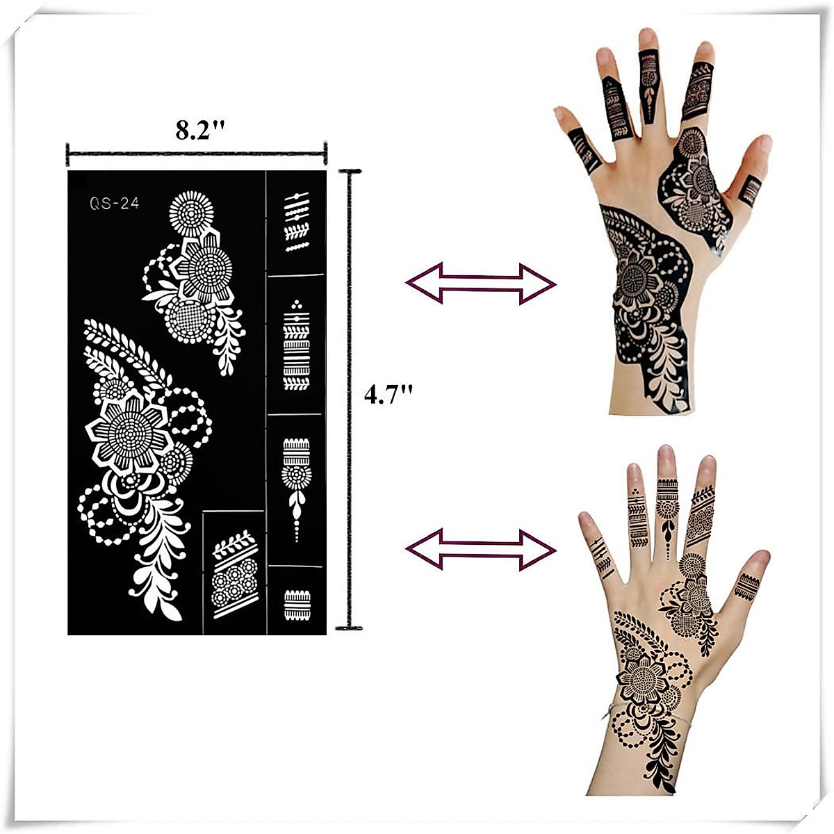 QSTOHENA 9 Sheets Henna Tattoo Stencils kit for Hand Reusable, Mehndi Temporary Tattoo Adhesive Templates Flower stencils for Women Girls Face Body Finger Art Paint