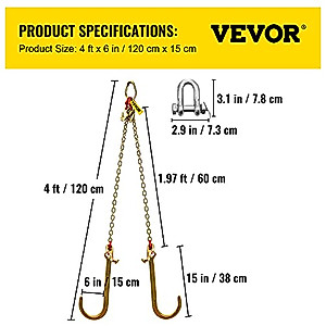 VEVOR V Bridle Chain, 5/16 in x 2 ft Bridle Tow Chain, Grade 80 V-Bridle Transport Chain, 9260 Lbs Break Strength with TJ Hooks and Crab Hooks, Heavy Duty Pear Link Connector and Chain Shorteners