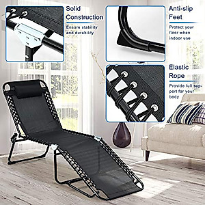 Giantex Outdoor Chaise Lounge Adjustable Sunbathing Seat W/Pillow,4-Level Backrest Portable and Foldable Patio Recliner for Lawn, Beach, Backyard, Gardens, Poolside Lounge Chair (1, Black)