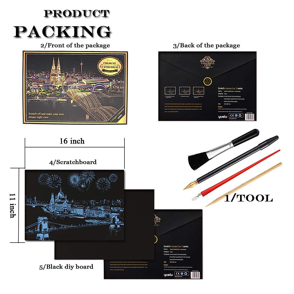 Ameolela Rainbow Scratch Painting Paper, Sketch DIY Art Craft City Series Night View Creative Gift, Scratchboard for Adults and Kids, Craft Kits with 4 Tools, Size 16x11 inches (4 Pack)