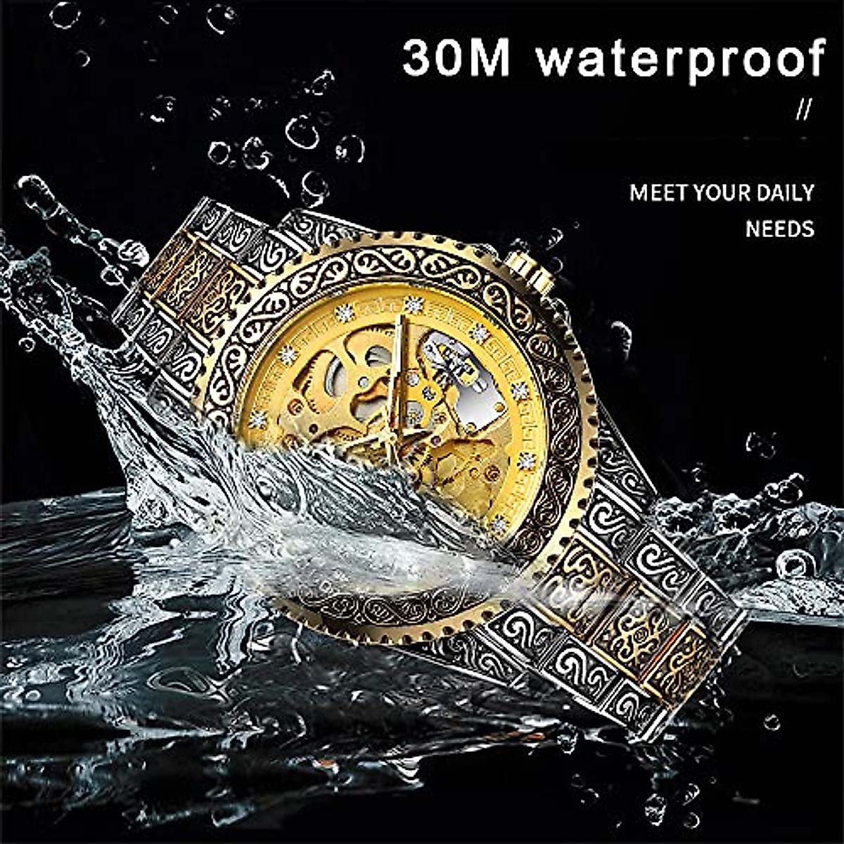 Luxury Men Automatic Mechanical Wristwatch Waterproof Stainless Steel Diamond Watch Golden Skeleton Men's Clock