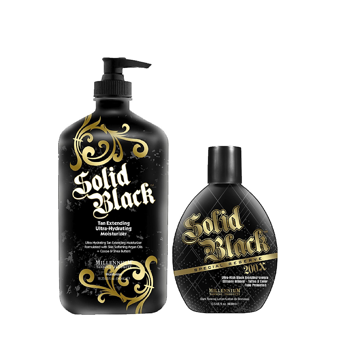 Millennium Tanning Solid Black 200X Tanning Lotion & Tan Extender Lotion, 13.50 & 18.25 Fluid Ounces