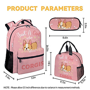 KNOWPHST Corgi Backpack with Lunch Box Set for Girls Boys, 3 in 1 Primary Middle School Backpacks Matching Combo, Large Capacity, Durable, Lightweight, Pink Bookbag and Pencil Case Bundle