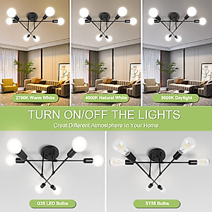 CANMEIJIA Modern Sputnik Chandelier Ceiling Light Fixture with 6 Lights Black Mid Century Ceiling Mount Lights Fixture for Bedroom, Dining Room, Living Room, Kitchen, E26 Base, Bulbs Not Included