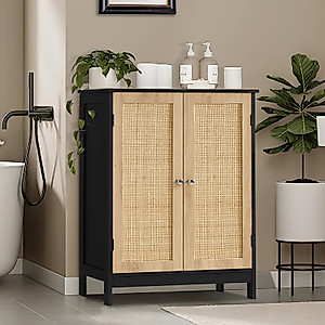 Iwell Storage Cabinet with Rattan Doors, Bathroom Storage Cabinet with Adjustable Shelf, Floor Cabinet for Living Room, Entryway, Kitchen, Home Office, Black