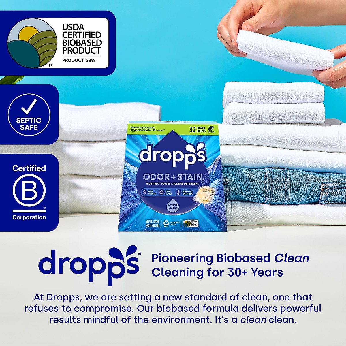 Dropps Odor & Stain Biobased Power Laundry Detergent Pods, Lavender Meadow (32 Pods) - HE Compatible Laundry Pods for Fresh Clothes - Washing Detergent Soap Supplies & Recyclable Packaging