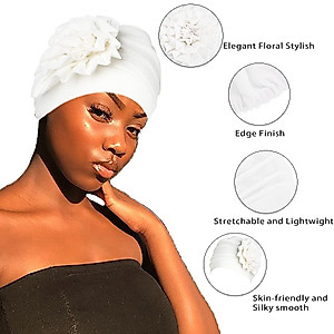 Bohend Women Turban Flower Headband Elastic Cap Pre-Tied Scarf Bonnet Beanie Headwrap Hats (White)