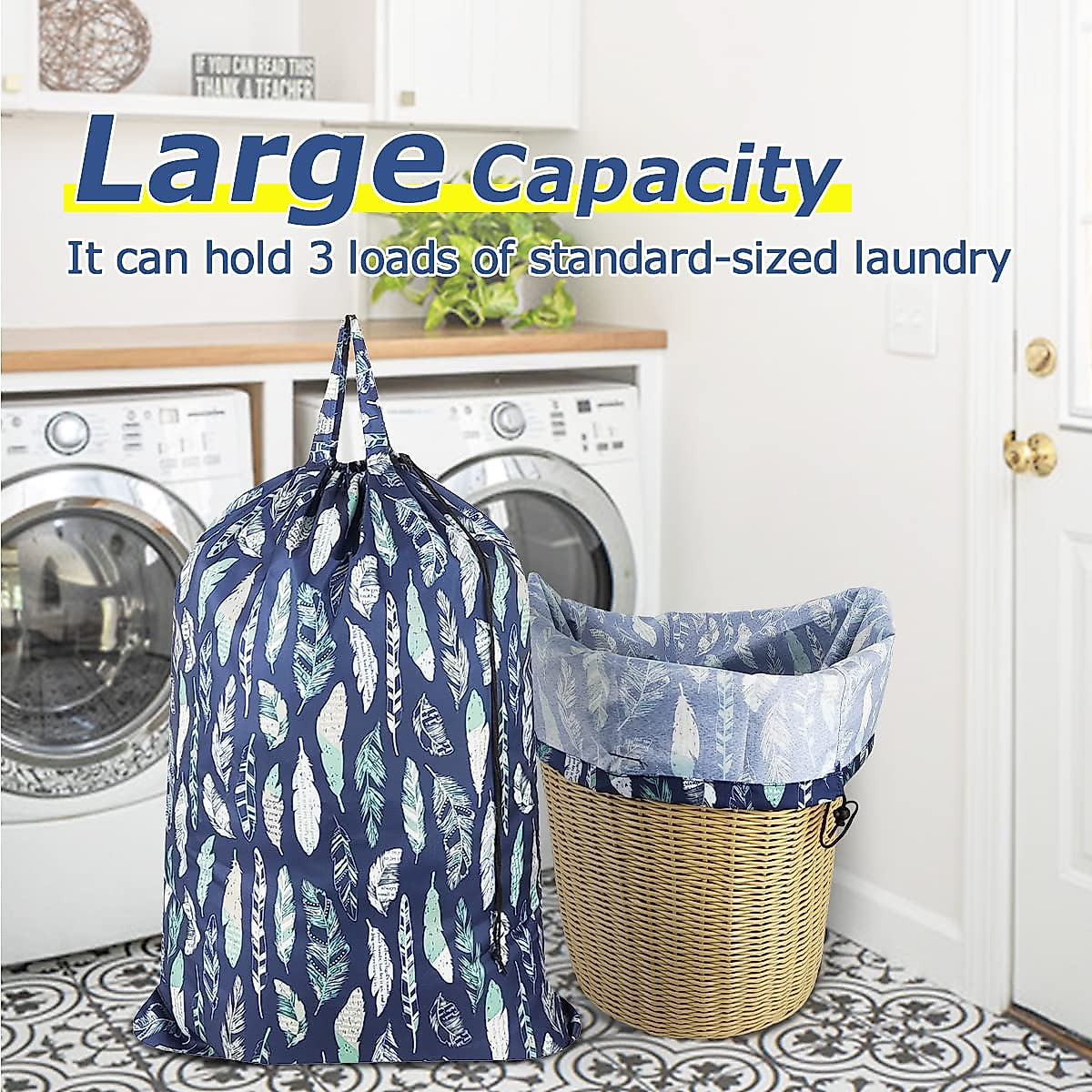 ZHMAIBDM Large Laundry Bag with Handles, Washable Large Dirty Clothes, Drawstring Organizer Bag, Fit Hamper Basket Camp Travel Home College Dorm, 26x39 inch, Navy Blue