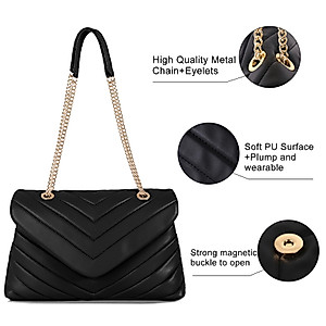 Quilted Crossbody Bag for Women, Soft Vegan Leather Chevron Purses, Trendy Shoulder Handbags with Gold Chain Strap (Black)