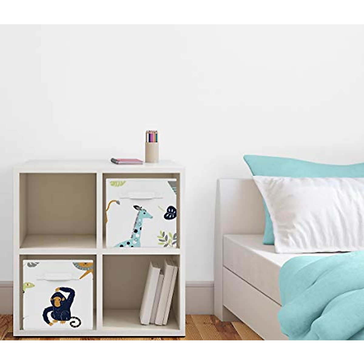 Sweet Jojo Designs Safari Animals Foldable Fabric Storage Cube Bins Boxes Organizer Toys Kids Baby Childrens - Set of 2 - Turquoise and Navy Blue Mod Jungle Lion Monkey Giraffe