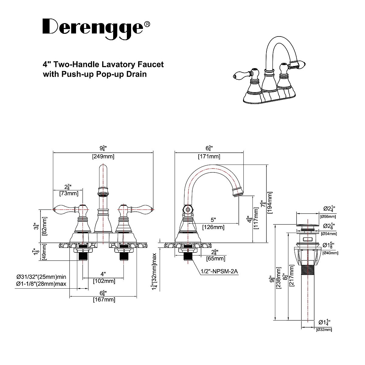 Derengge 2 Handle Brushed Nickel Bathroom Sink Faucet 3 Hole Faucet with Overflow Pop up Drain,360° Swivel Spout 4 Inch Centerset Bathroom Faucet without Supply Hoses,Meets cUPC NSF 61-9 AB1953,2 Pack