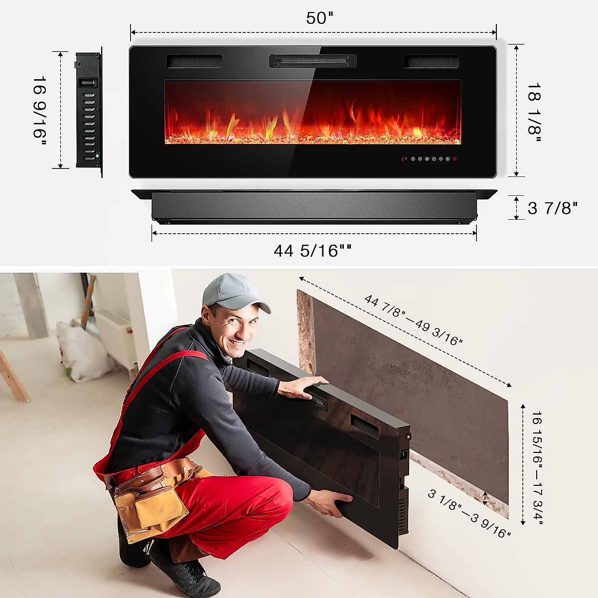 Rintuf 50 Inch Electric Fireplace in-Wall Recessed and Wall Mounted, Fireplace Heater and Linear Fireplace with Multicolor Flame, Timer, 750/1500W Control by Touch Panel & Remote