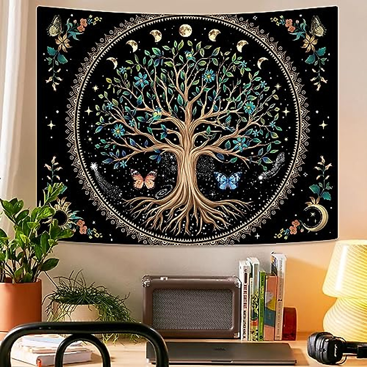 Lunerfex Tree of Life Tapastry Butterfly Moon Flower Boho Floral Plant Tapestries for Bedroom Aesthetic's Wall Hanging Mandala Botanical Tapestry for Living Room Dorm (black, 60x80 inches)