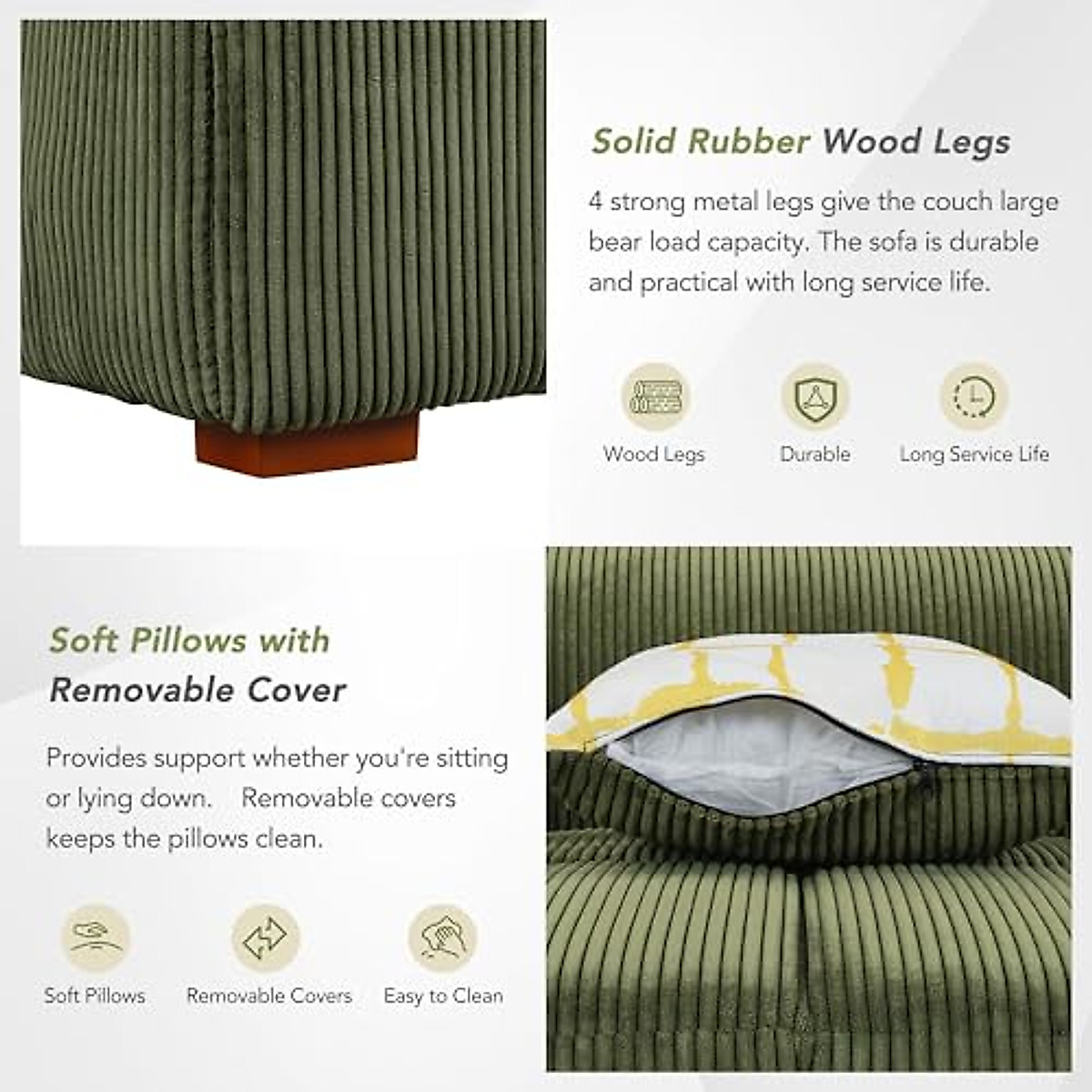 Modern Cloud Sofa Mid-Century Comfy Boucle Couch,Oversized Luxury Loveseat Corduroy Fabric Upholstered Leisure Deap Seat Sectional Sofá Modular Couches with 4 Throw Pillows for Living Room