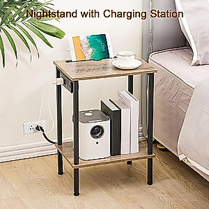 AMHANCIBLE Small Nightstand Set of 2, Side Tables with Charging Station, Night Stand with USB Ports and Outlets, End Tables for Small Space, 2-Tier Storage Shelf, Metal Frame HET032GY