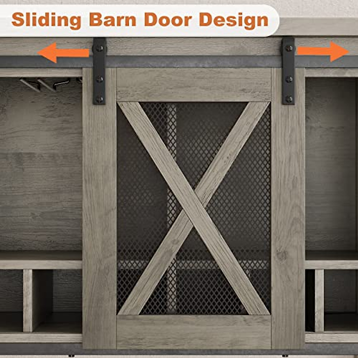 IDEALHOUSE Buffet Storage Cabinet Farmhouse Wine Cabinet Coffee Bar Table with Wine Glass Rack and Storage, Wood Buffets and Sideboards with Barn Mesh Door for Kitchen, Dining, Living Room