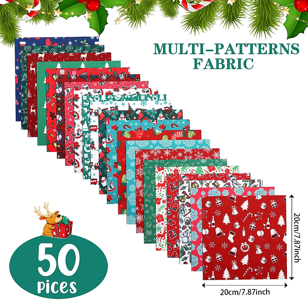 Preboun 50 Pcs 8 x 8 Inches/ 20 x 20 cm Christmas Fabric Squares Christmas Fabric 25 Different Patterns Fabric Scraps Quilting Craft Fabric Patchwork Fabric Bundles for Sewing Crafting DIY Supplies