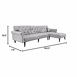KoiHome Sectional Sofa Right Hand Facing Velvet Button Tufted, L Shape Chaise with Nail Head Detail, Conical Wood Leg, 2 Pillows, Modern & Elegant, Home Furniture for Living Room, Light Grey