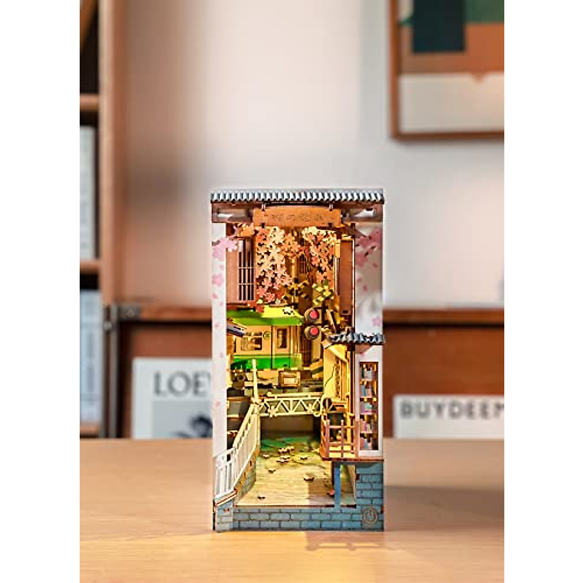 ROBOTIME DIY Book Nook Kit Decorative Bookend Insert Bookcase Book Stand Miniature House Kit with LED Light Creative Gift for Birthdays (Sakura Tram)