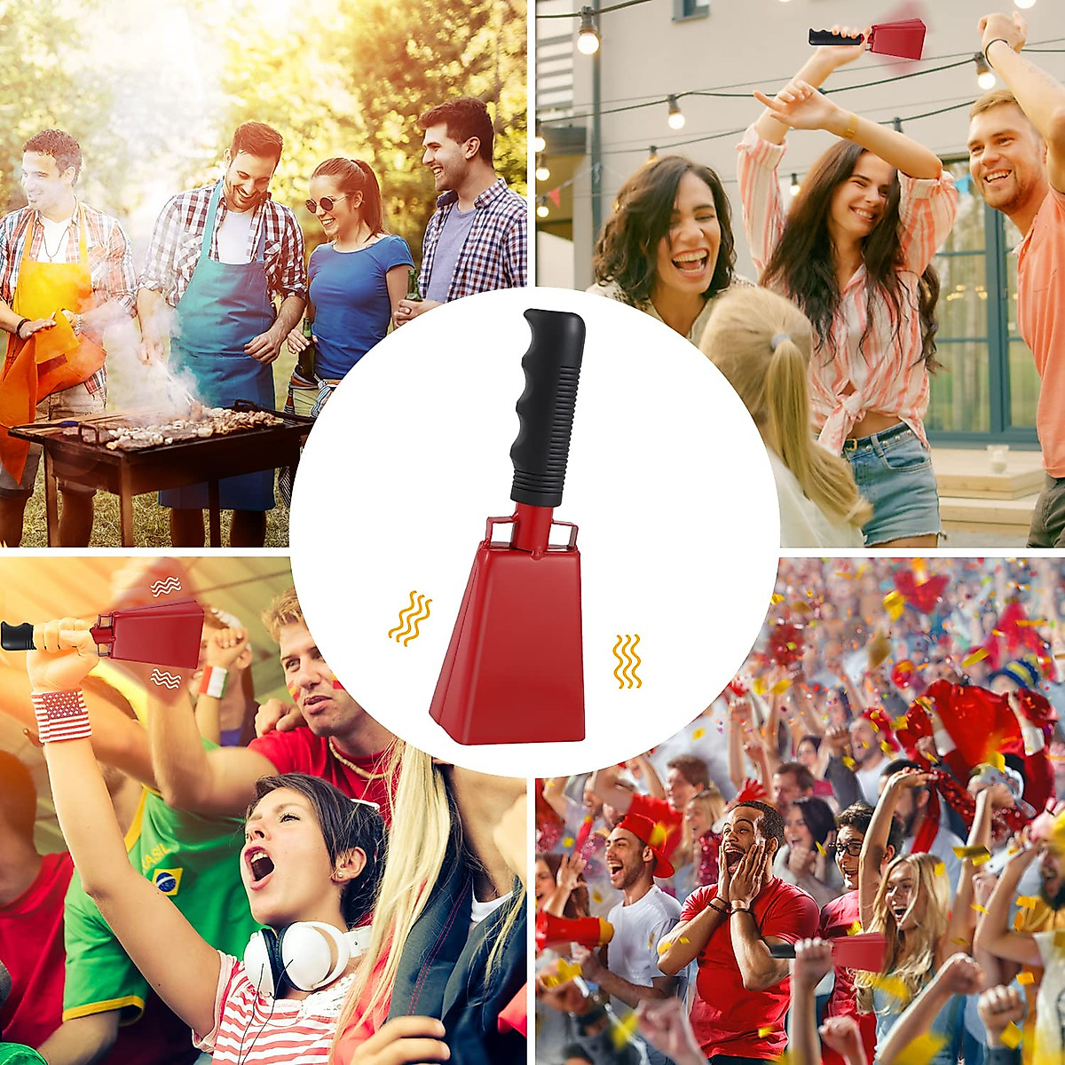 1pc Cow Bell Noise Maker, Cowbell with Handle for Sporting Events Football Game Cheering Bells Large Solid School Bells Hand Call Bell (Red)