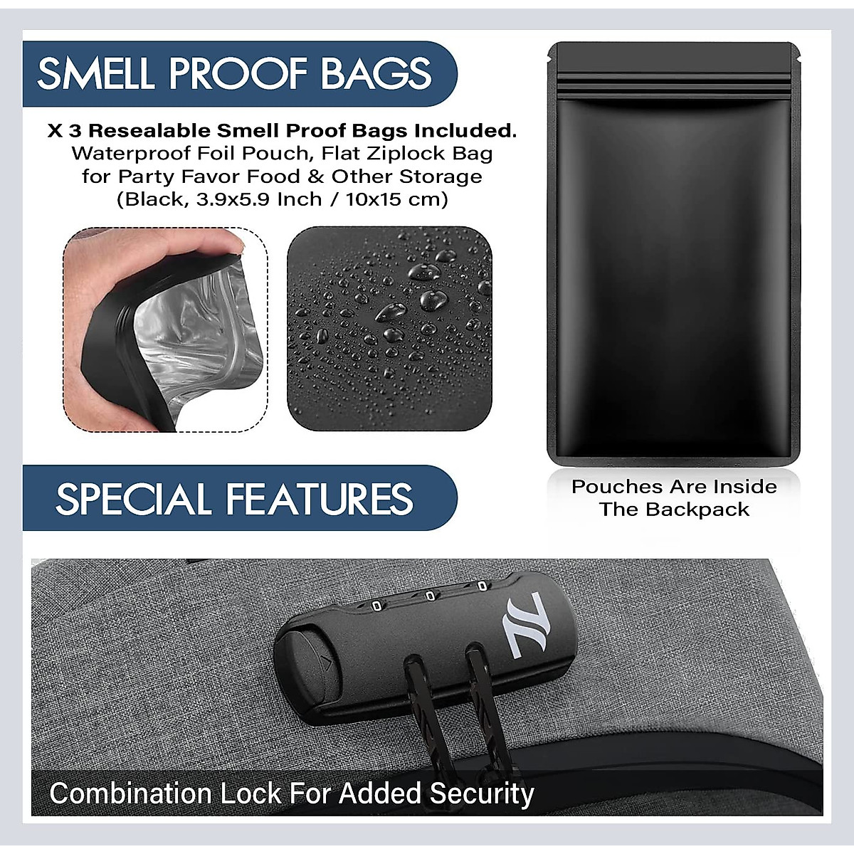INNOSCENT Mini Smell Proof Backpack With Lock For Men/Women USB & Headphone Port (Light Grey)