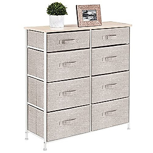 mDesign Tall Steel Frame/Wood Top Storage Dresser Furniture Unit with 8 Slim Removable Fabric Drawers, Large Bureau Organizer for Bedroom, Living Room, Closet - Lido Collection, Linen/Tan, Pack of 1