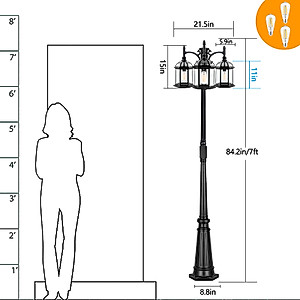 Dusk to Dawn Outdoor Lamp Post Light with GFCI Outlet, Triple Head Aluminum Street Light Post for Outside with Sensor, Waterproof Birdcage Pole Lighting Fixture for Backyard Garden Patio Driveway