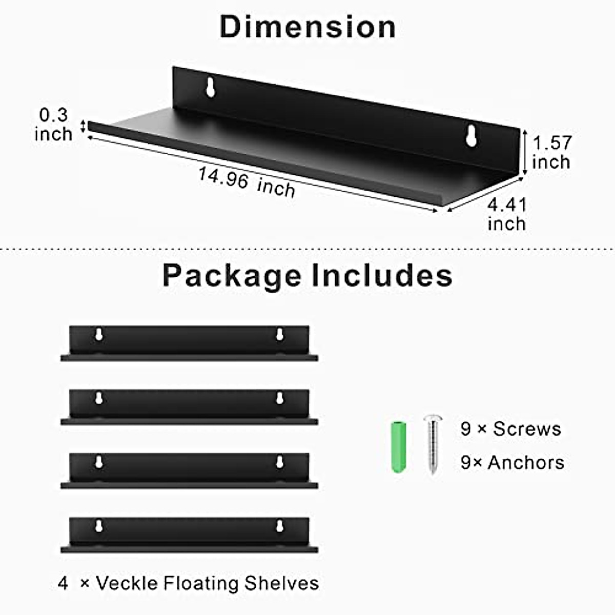 Veckle Bathroom Shelf, Floating Shelves Set of 4, Wall Mounted Modern Rustic Shelf Ledge, Metal Wall Shelve 15 in W x 4.5 in D, Black