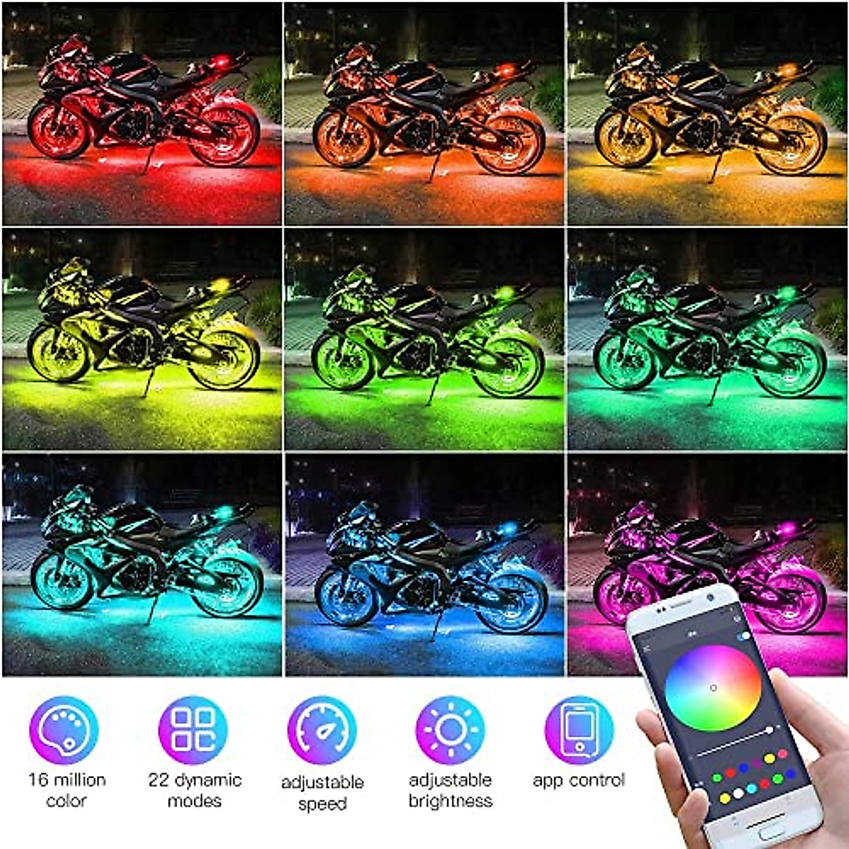 Kairiyard 8PCS Motorcycle Underglow LED Light Kit, App Control Multicolor Motorcycle LED Light Kit Music Sync RGB Strips Light Waterproof for Harley Davidson Honda Kawasaki Suzuki